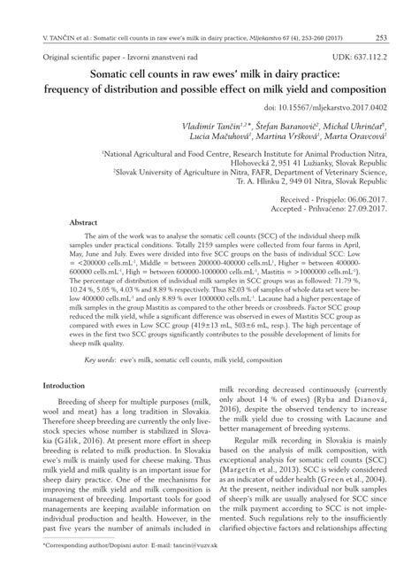 Pdf Somatic Cell Counts In Raw Ewes Milk In Dairy Practice