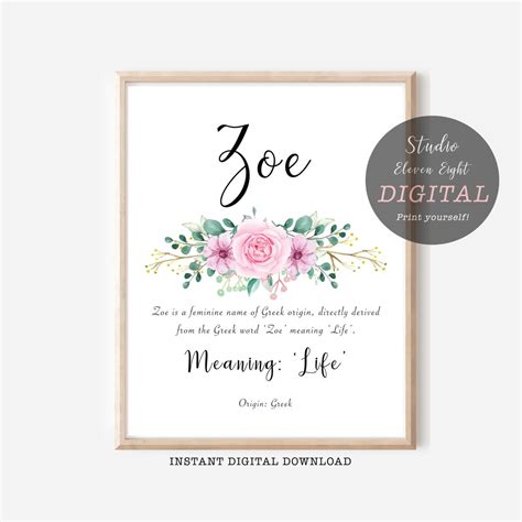 Zoe Name Meaning Pink Floral Digital Print Zoe Instant Download Nursery Art Girls
