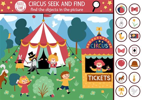 Vector Circus Searching Game With Amusement Show Marquee Clown Spot Hidden Objects In The