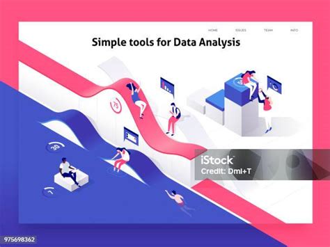 차트 및 분석 통계 및 데이터와 상호 작용 하는 사람들 방문 페이지 템플릿입니다 3 차원 Isometric 벡터 일러스트입니다 데이터에 대한 스톡 벡터 아트 및 기타 이미지