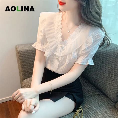 Aolina 2022ใหม่การออกแบบในช่วงฤดูร้อนของผู้หญิงความรู้สึกซอกเร้าใจฝรั่งเศสลูกไม้คอวีเสื้อชีฟอง