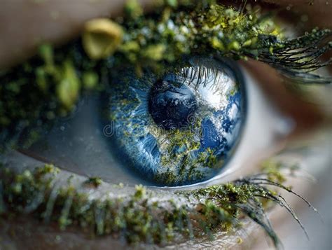 Close Up Of An Eye With A Blue Iris Depicting A Miniature Earth