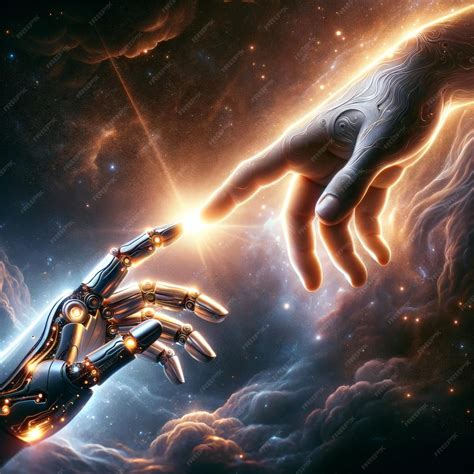 A Touch Of The Future Robotic Finger Touching The Humans Hand Concept