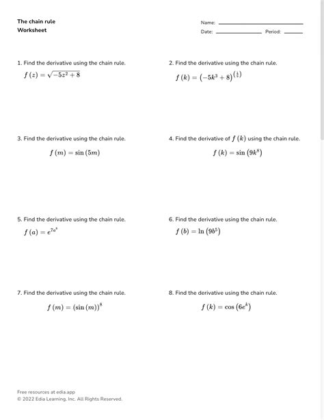 Calculus Chain Rule Worksheet Printable Pdf Template