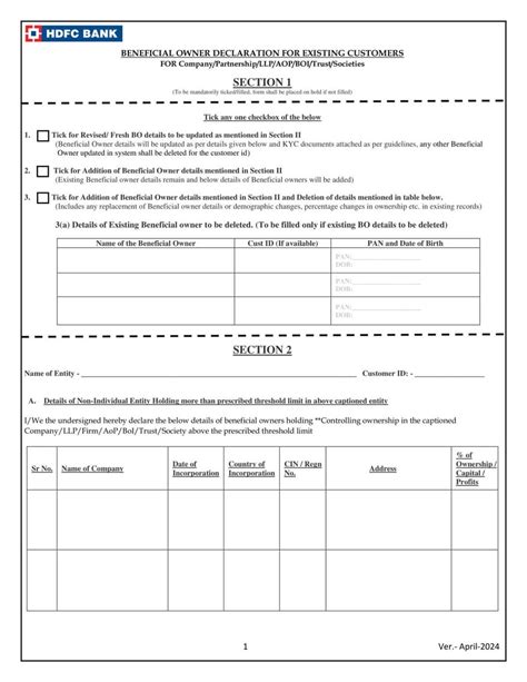 Hdfc Bank Beneficial Owner Declaration For Existing Customers Form Download In Pdf