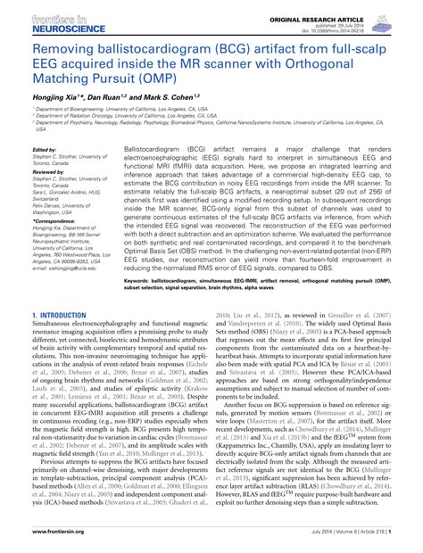 Pdf Removing Ballistocardiogram Bcg Artifact From Full Scalp Eeg Acquired Inside The Mr