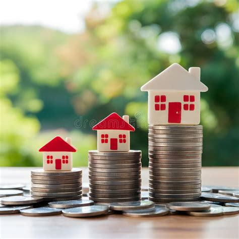 Stacks Of Coins With House Model Symbolize Rising Interest Rates Stock