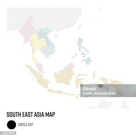 แผนที่โลกในรูปแบบจุดขนาดใหญ่ กลุ่มภูมิภาคเอเชียตะวันออกเฉียงใต้ตามประเทศ ภาพประกอบสต็อก ดาวน์