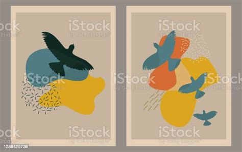 멤피스 벽 아트 벡터 세트 다양한 비행 조류 추상적 인 형태 낙서 스타일 현대 현대 트렌디 한 벡터 일러스트 연속 라인 미니멀 한 우아한 개념 개체 그룹에 대한 스톡 벡터