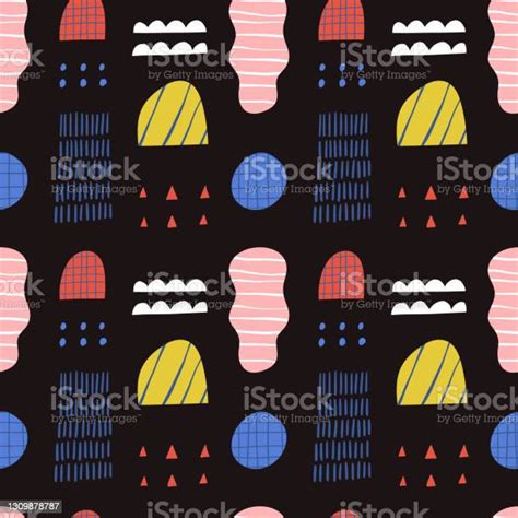 텍스처 벡터 원활한 패턴만화 추상적 모양 손으로 그린 다채로운 평면 인물 원 반원 삼각형 검은 배경에 점 현대 벽지 섬유 아트 프린트 디자인 추상적인에 대한 스톡 벡터 아트