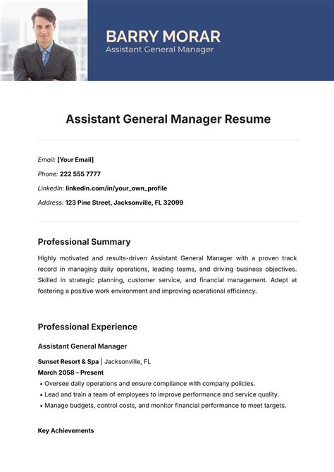 Free Assistant General Manager Resume Template To Edit Online Free Assistant General Manager Resume Template To Edit Online