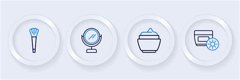 튜브에 선 선 스크린 크림 크림 또는 로션 화장품 라운드 메이크업 거울 및 메이크업 브러쉬 아이콘을 설정합니다 벡터 개인 장식품에 대한 스톡 벡터 아트 및 기타 이미지