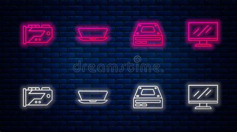 Set Line Laptop Optical Disc Drive Video Graphic Card And Computer Monitor Screen Glowing