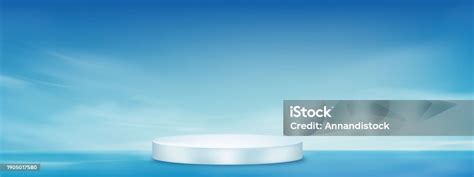 여름 배경 하늘색과 구름 3d 연단 스탠드 아침 봄 맑은 하늘 해변 벡터 스튜디오 룸 배경 모형 제품 선물 자연 장면 배너 여름 휴가 휴가 3차원 형태에 대한 스톡 벡터