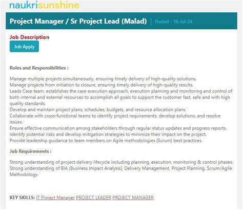 Naukri Sunshine On Linkedin Projectmanager Projectlead It Mumbai Srprojectlead