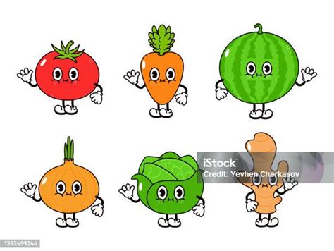 재미 귀여운 행복한 야채 캐릭터 번들 세트 벡터 손으로 그린 만화 카와이 캐릭터 일러스트 레이 션 아이콘 흰색 배경에 고립되어 있습니다 귀여운 토마토 수박 양파 양배추 생강