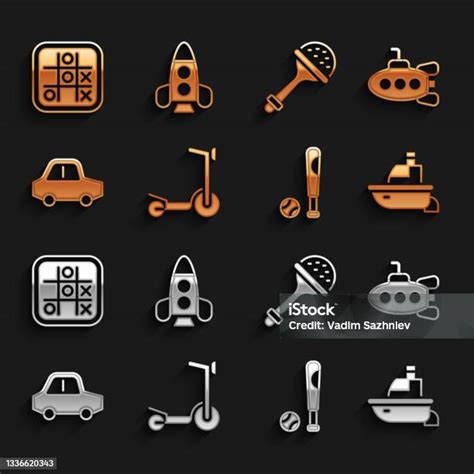 세트 롤러 스쿠터 잠수함 장난감 장난감 보트 야구 방망이 공 자동차 딸랑이 아기 틱 택 발가락 게임과 로켓 선박 아이콘 벡터 검은색에 대한 스톡 벡터 아트 및 기타 이미지