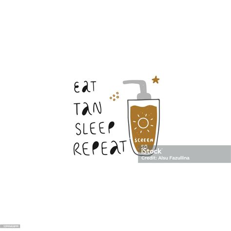 흰색에 고립 된 손으로 그린 자외선 차단제 병으로 손으로 쓴 글자를 쓴 황갈색 수면 반복을 먹는다 벡터 일러스트레이션 라이프스타일 컨셉 빈티지 색상 장식 포스터 귀여운에