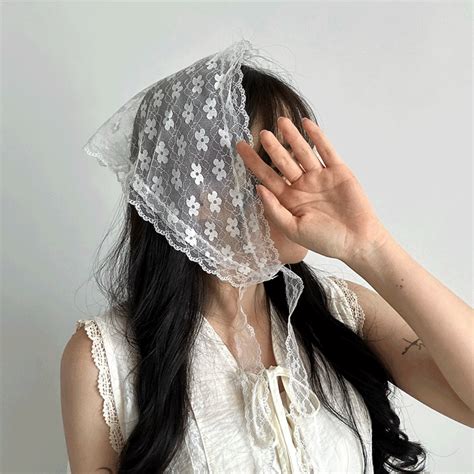 [7 8일 출고🚚] ️화이트 플라워 레이스 두건 스카프 시스루 헤어 커치프🎀 에이블리