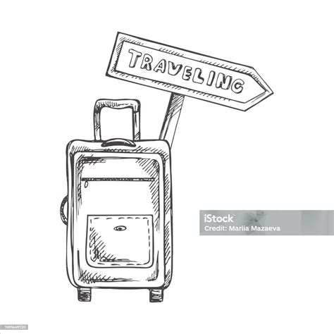 여행 중이라는 글자가 새겨진 푯말이 있는 여행 가방의 손으로 그린 스케치 흰색 배경에 분리된 빈티지 벡터 그림 낙서 그리기 새긴 이미지에 대한 스톡 벡터 아트 및 기타