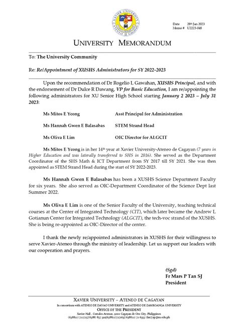 Xavier University Memo U2223 048 — Appointment Of Shs Administrators