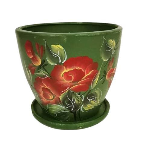 КЕРАМИЧНА САКСИЯ ДЕКОР 4 РД МАСЛЕНО ЗЕЛЕНА С ЦВЕТЯ НА ПРОМО ЦЕНА Ot