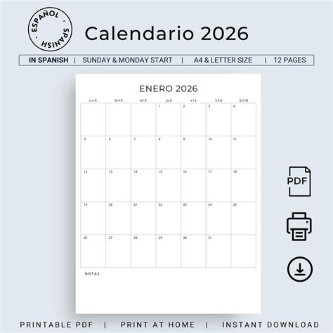 Calendario En Español 2026 Printable Monthly Calendar In Spanish 2026