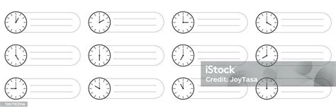 짧은 메모와 아날로그 시계 아이콘의 수평 세트는 흰색에 고립 된 각 시간 활동의 알림 개체 그룹에 대한 스톡 벡터 아트 및 기타 이미지 개체 그룹 검은색 계시기