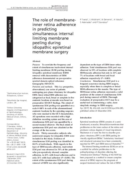The Role Of Membrane Inner Retina Adherence In Predicting Simultaneous Internal Limiting