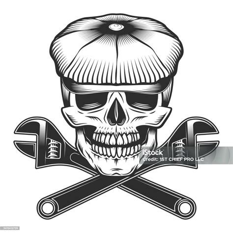 트위드 모자 플랫 캡의 해골 교차 배관 조정 가능한 렌치 구조 또는 정비사 수리 스패너 빈티지 벡터 일러스트 레이 션 검은색에 대한 스톡 벡터 아트 및 기타 이미지 Istock