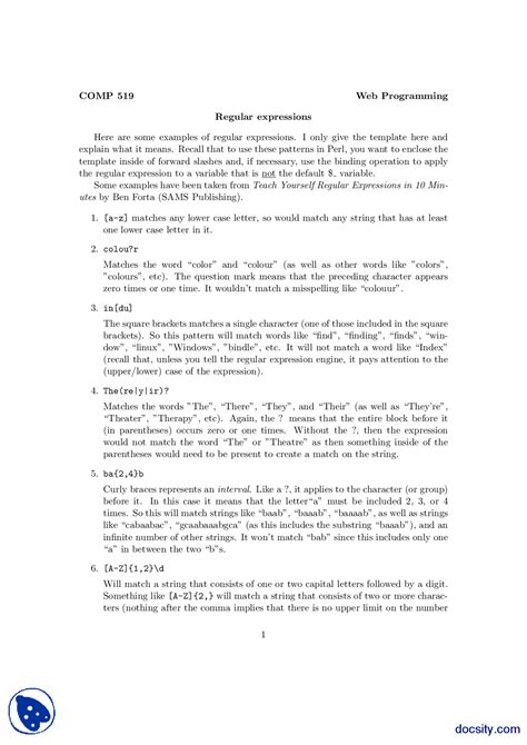 Regular Expressions Web Programming Handout Docsity