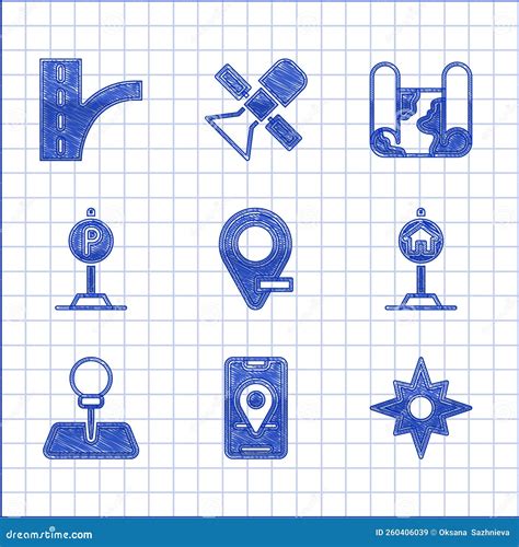Set Location City Map Navigation Wind Rose Hotel Sign For Traffic Push Pin Parking Folded