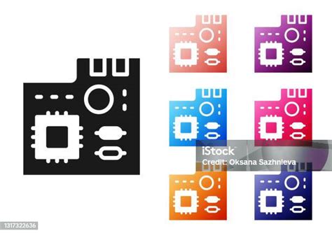 블랙 전자 컴퓨터 구성 요소 마더 보드 디지털 칩 통합 과학 아이콘 흰색 배경에 격리 회로 기판 다채로운 아이콘을 설정합니다