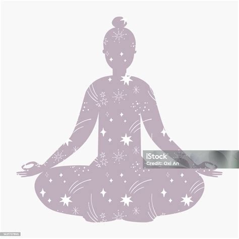 실루엣 요가 명상 남자 별과 함께 우주와 달과의 인간 관계 의식 관행 국제 요가의 날 템플릿 포스터 엽서 티셔츠 프린트 로고 디자인 손으로 그린 벡터 요가에 대한 스톡 벡터