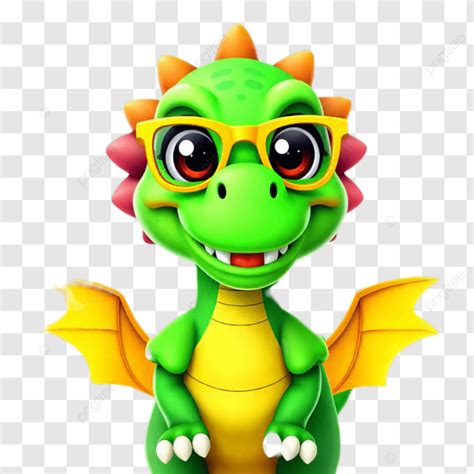 귀엽다 깜찍 아기자기 앙증맞다 만화 용 밝은 녹색 비늘 노란색 노랑색 옐로우 배 화려 색색 다채롭다 스파이크 큰 날개 특대 안경 안경 다정다감하다 미소 스마일 웃다 눈 눈알