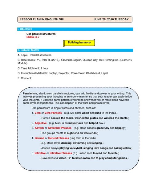 English 8 Lesson Plan Parallelism Pdf Verb Adverb