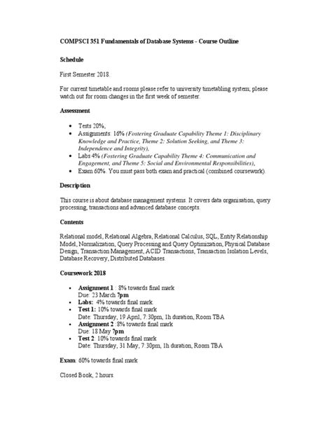 Compsci 351 Course Outline 2018 Pdf Relational Database Database Transaction