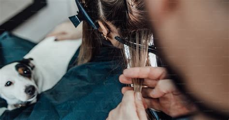 미용사는 여성의 머리카락을 염색하고 호일로 고객에게 머리카락 하이라이트를 만들고 있습니다 그들은 바이러스 전염병으로부터 보호하기 위해 보호용 안면 마스크를 착용하고