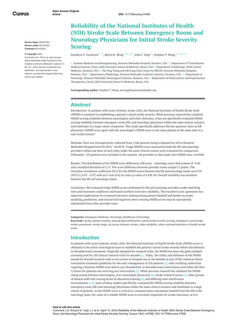 PDF Reliability Of The National Institutes Of Health NIH Stroke Scale Between Emergency Room