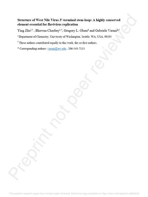 Structure Of West Nile Virus 3 Terminal Stem Loop A Highly Conserved Element Essential For