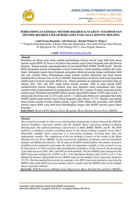 Pdf Perbandingan Kinerja Metode Regresi K Nearest Neighbor Dan Metode Regresi Linear Berganda