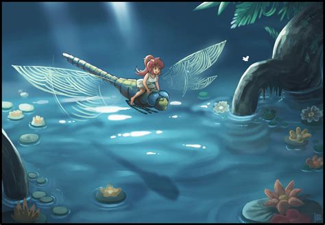 Karbo Felarya Bad Link 1girl Breasts Bug Dappled Sunlight Day Dragonfly Dress Flower