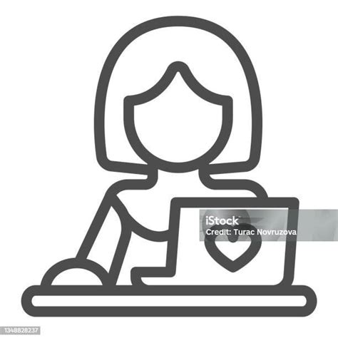 여자 노트북과 하트 라인 아이콘 데이트 컨셉 흰색 배경에 Datig 사이트 벡터 사인 모바일 개념 및 웹 디자인에 대한 개요