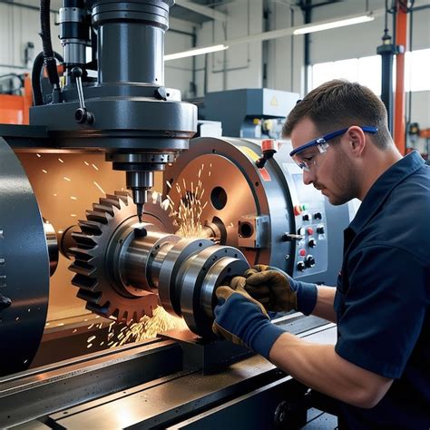 A Skilled Cnc Lathe Machine Operator In A Modern Workshop Focused On Milling A Large Gear Wheel