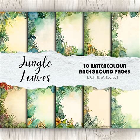 Jungle Leaves Watercolor Backgrounds Scrapbook Pages Digital Download
