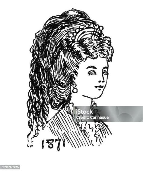 숙 녀 유행 헤어스타일 는 1860 년대에서 데이트 하 고 1870의 빅토리아 흑백 그림 19 세기 머리 패션 및 스타일 영어 그림 1892 19세기에 대한 스톡 벡터 아트