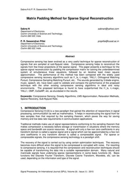 Matrix Padding Method For Sparse Signal Reconstruction Pdf