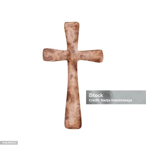 흰색 배경에 고립된 종교적 십자가 갈색 수채화 기독교 십자가 그림입니다 첫 번째 공동체 세례 부활절 및 크리스마스에 대한 손으로 그린 가톨릭 또는 정교회 상징 0명에 대한