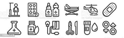 선형 의료 도구 아이콘 12세트 성별 수술 허브 헬리콥터 점안액 웹 모바일 항생제와 같은 얇은 윤곽 선명 한 아이콘 건강관리와 의술에 대한 스톡 벡터 아트 및 기타 이미지