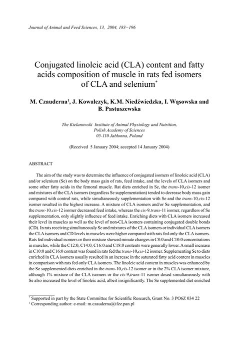 Pdf Dietary Selenized Yeast And Cla Isomer Mixture Affect Fatty And